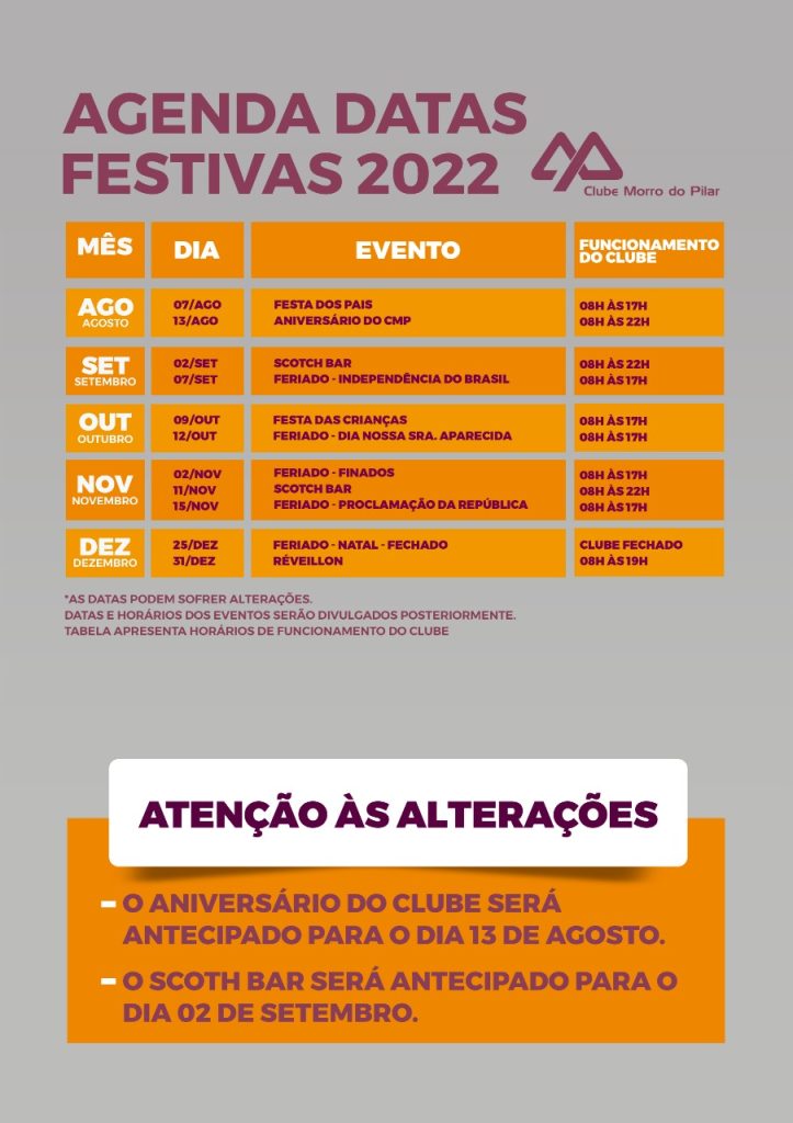 Veja a Agenda de Datas Festivas do ano de 2022 – Clube Morro do Pilar